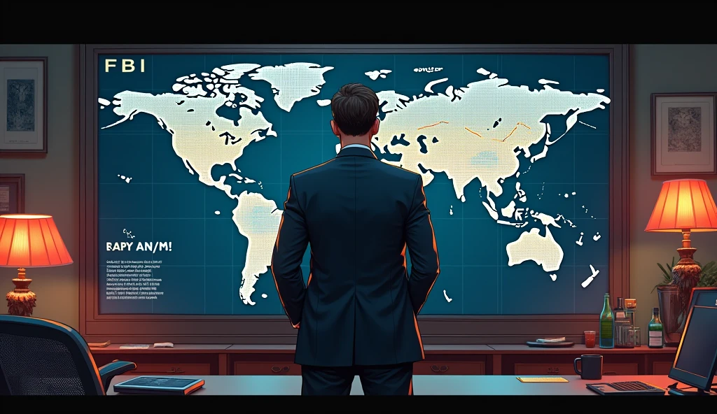Image comic style, A global map on a screen in an FBI office - SeaArt AI