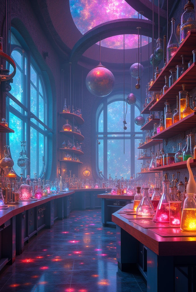 A scientific laboratory with test tubes and liquids colored in rainbow ...