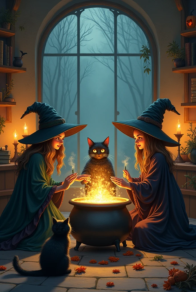 Kitty with friends they're withes and making potions on halloween ...