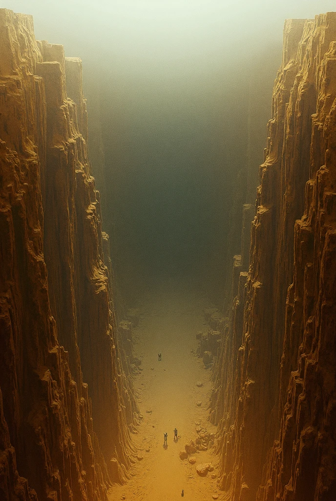 A flat sandless desert with huge canyons with dark abysses seen from ...