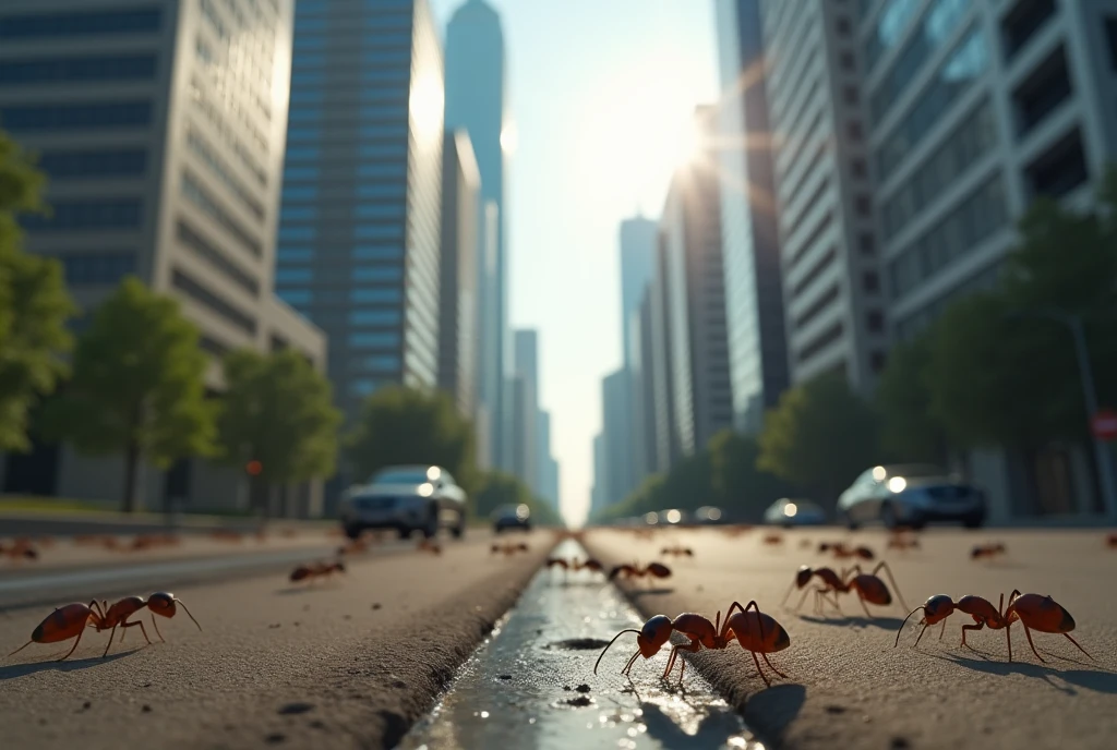 Prompt: " View of an ant colony working in a large city with ...