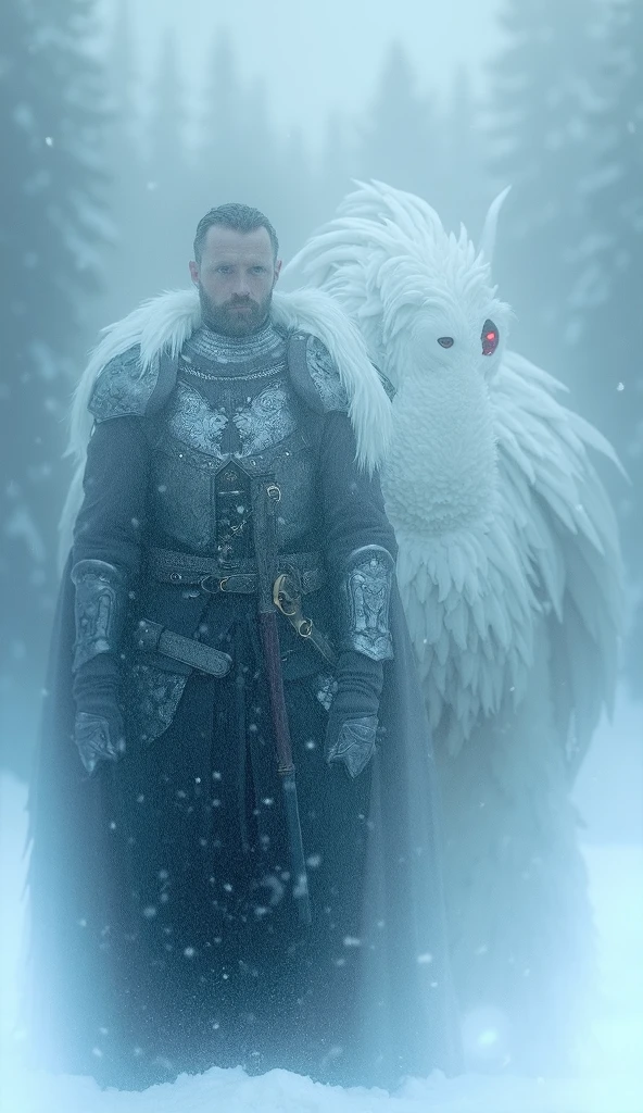 A knight dressed in a harness shiny silver , standing on the snow in ...