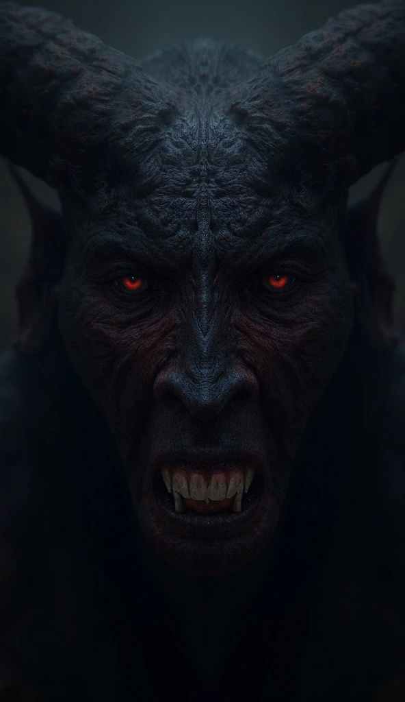 { "prompt": "A close-up of Krampus' terrifying face. His glowing red ...