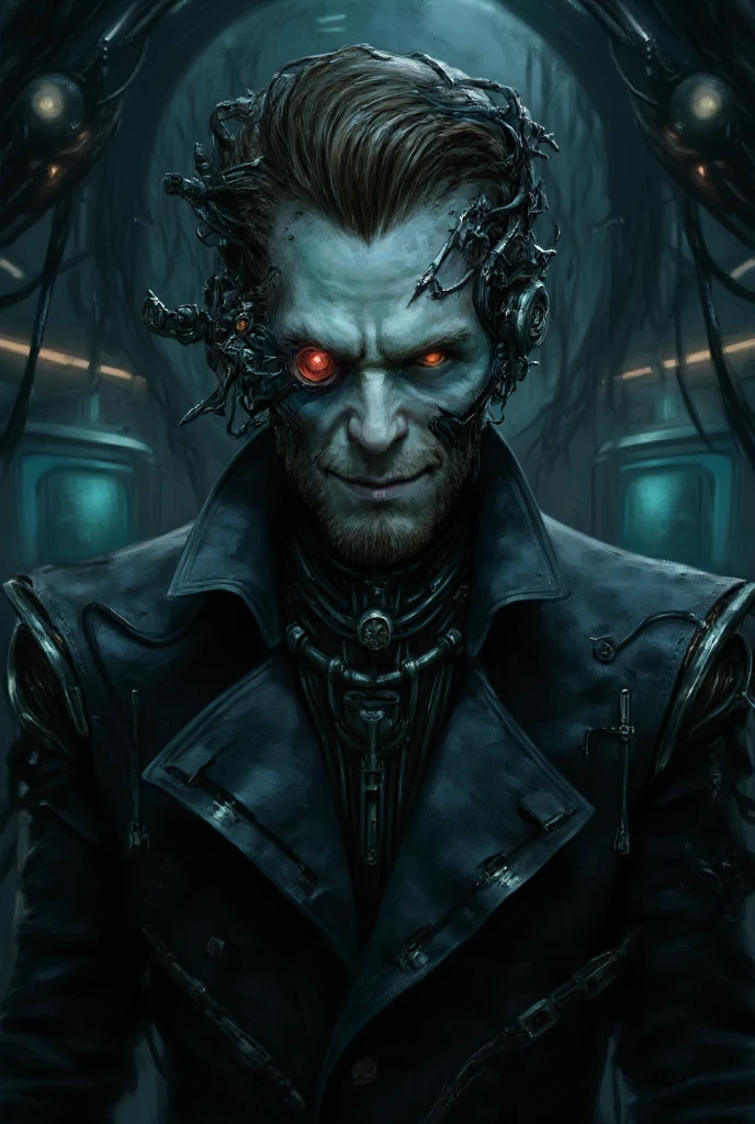 A cyberpunk portrait of willem dafoe, cybernetic eye, evil smirk ...