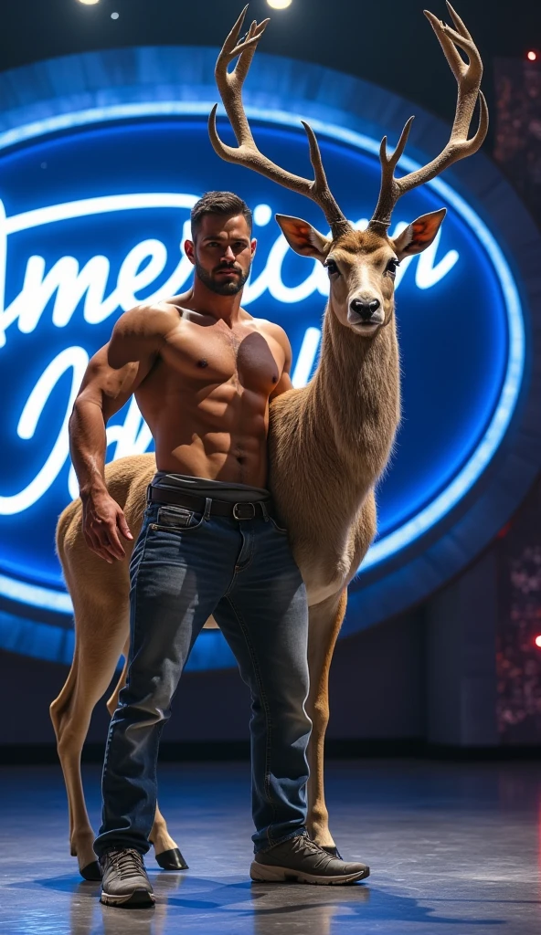 A handsome, muscular man stands side by side with a very large antelope ...