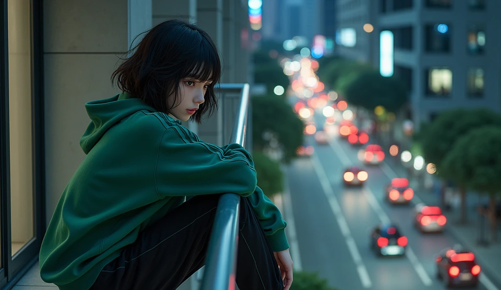 A beautiful Japanese girl in a green Adidas tracksuit, loose black ...
