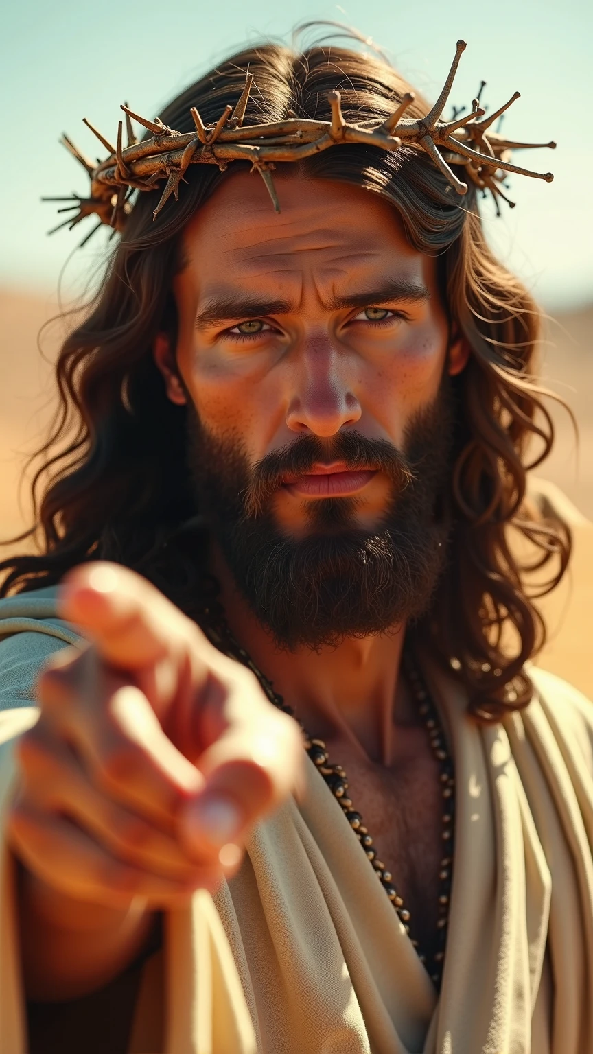 A close up of a man with a crown of thorns on his head pointing at the ...