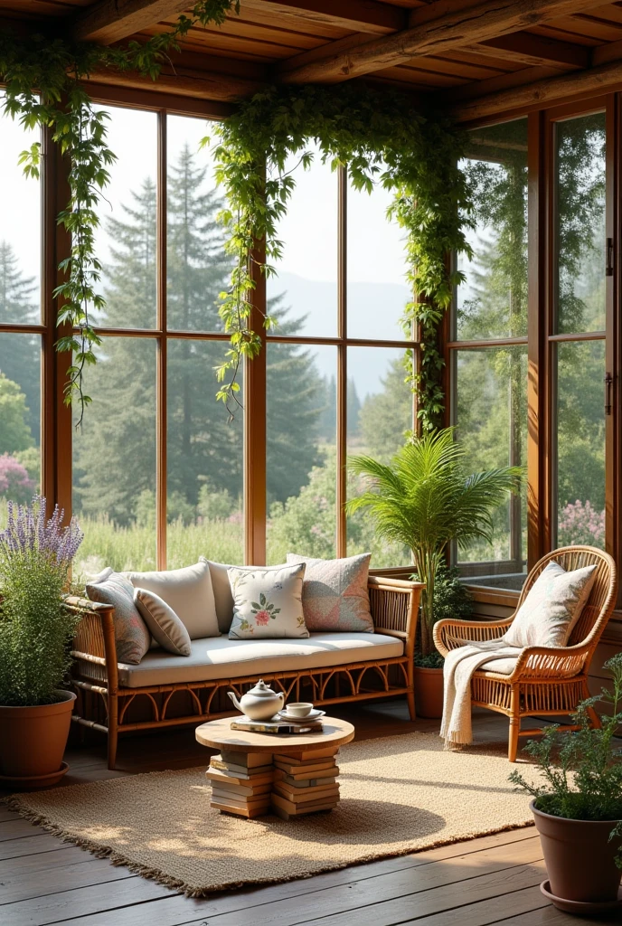 The sunroom is a room of tall, paned glass windows framed by weathered ...