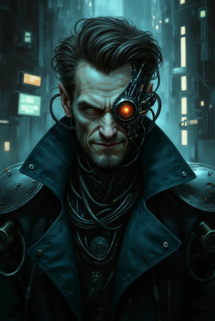 A cyberpunk portrait of willem dafoe, cybernetic eye, evil smirk ...