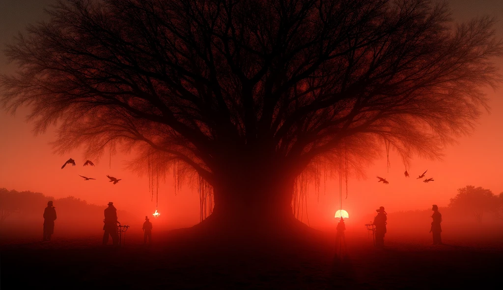 A large banyan tree in a desolate area, with severed heads of warriors ...