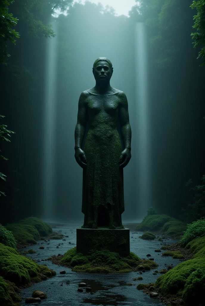 sad background, Stature-like , moss covering , rain, darkness - SeaArt AI