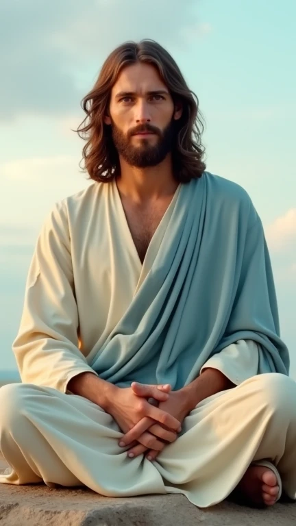 "Jesus sitting on a stone, facing directly forward with a calm and ...