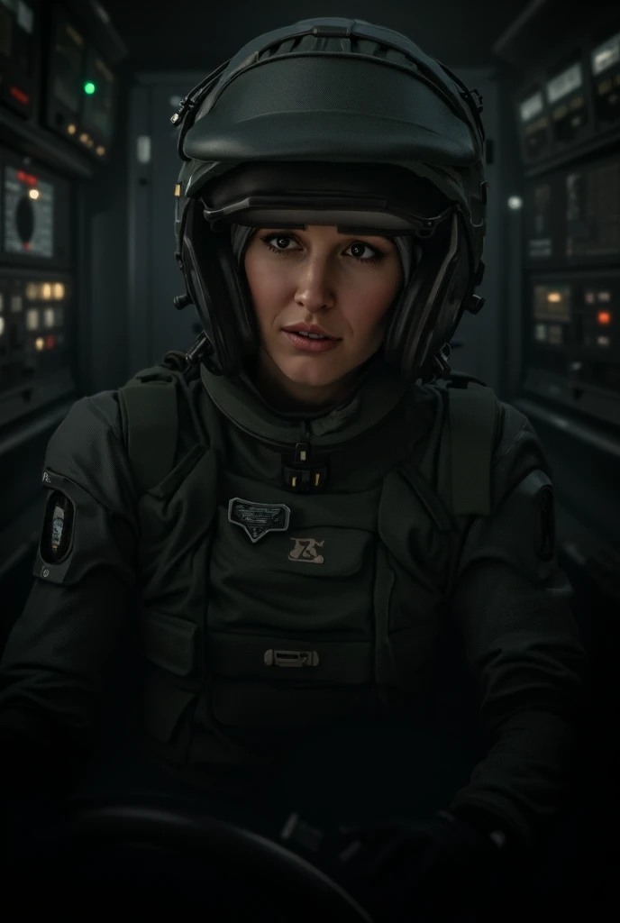 Realistic photo, female soldier, tank driver, photo inside an tight ...