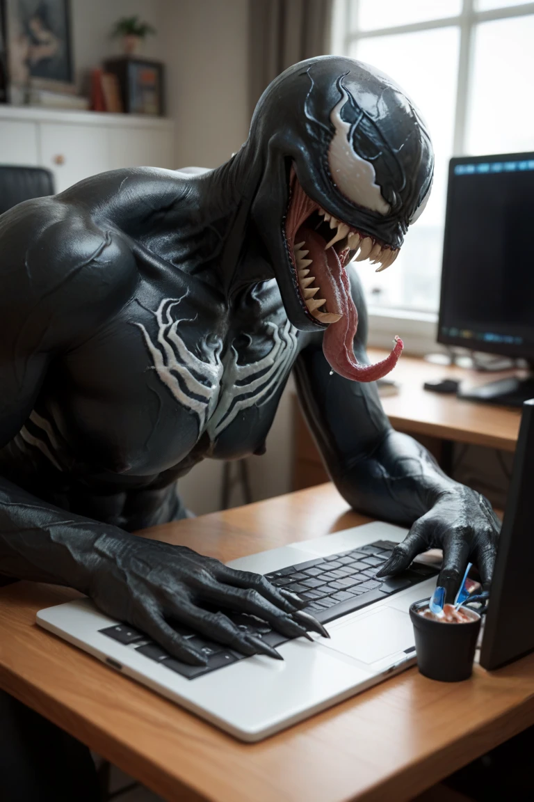 Create a seated Venom fiddling with a computer and behind it has the ...