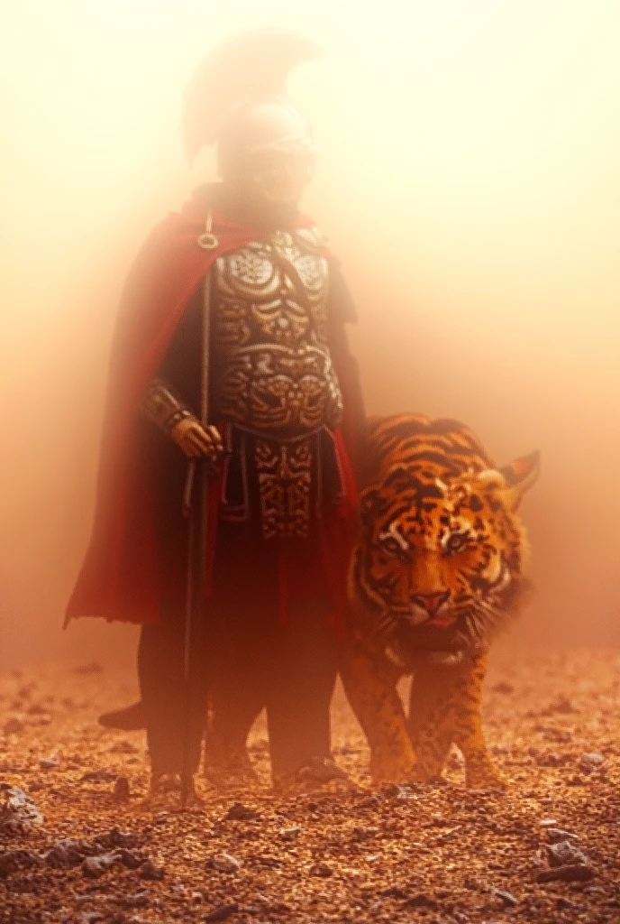 Spartan Warrior and Tiger, an ancient battlefield at dawn, the Spartan ...