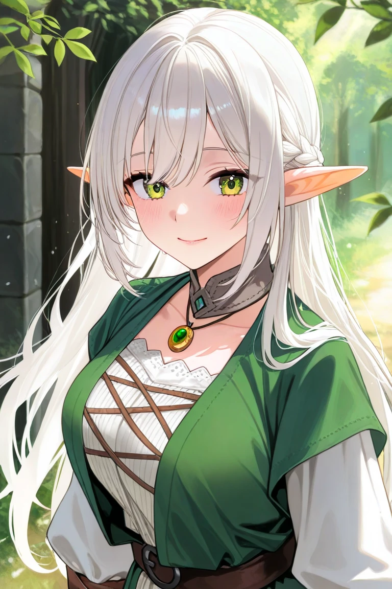28-year-old medieval elf and the face of an adult woman, white hair ...