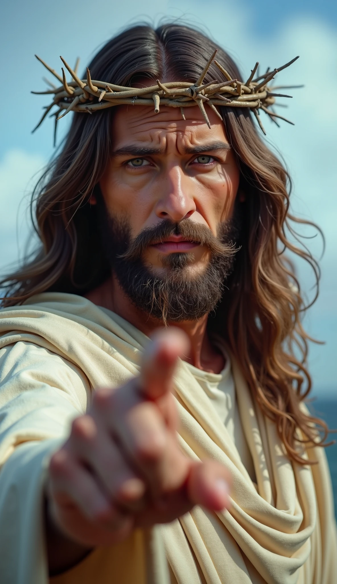 Jesus pointing at the camera with a crown of thorns on his head - SeaArt AI