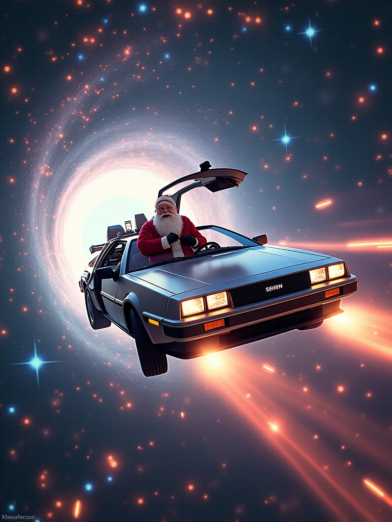 Delorean time machine , With Santa Claus inside, in space with ...