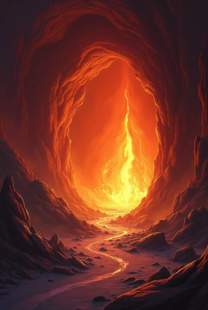 There is a cave with a fire inside of it, firey environment, hell ...