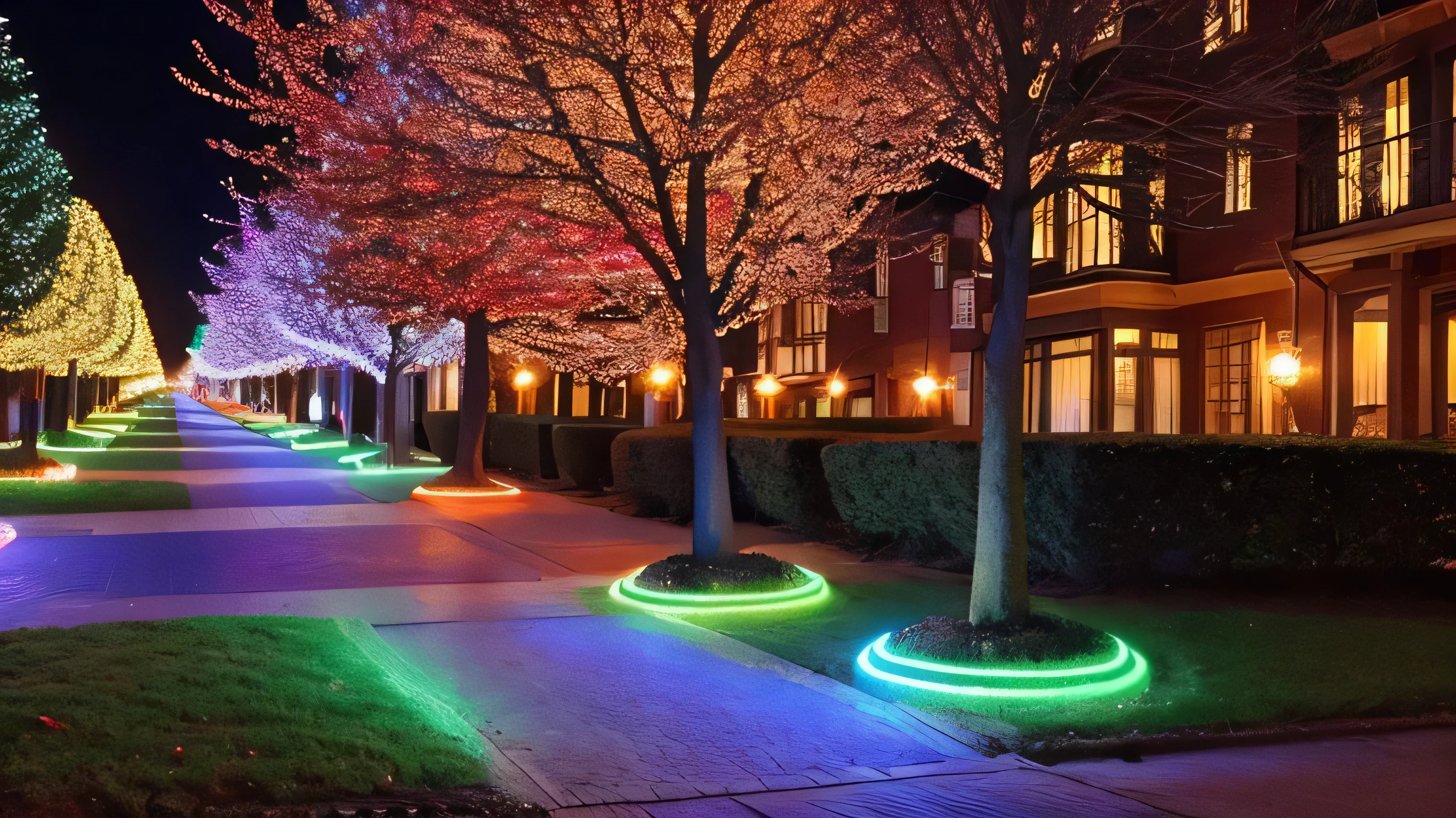Brightly lit trees line a sidewalk in front of a row of houses - SeaArt AI