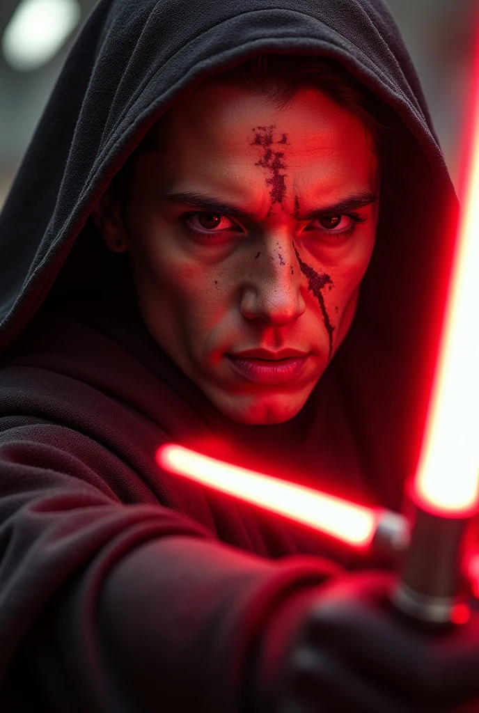 Kylo Ren wielding his lightsaber, facing forward with a determined ...