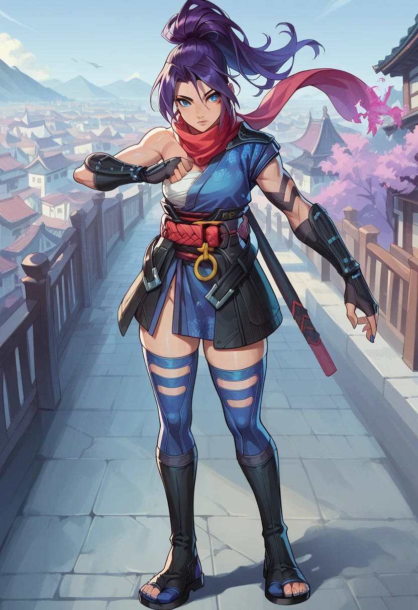 1girl, high ponytail, purple hair, blue eyes, ninja, sleeveless - SeaArt AI