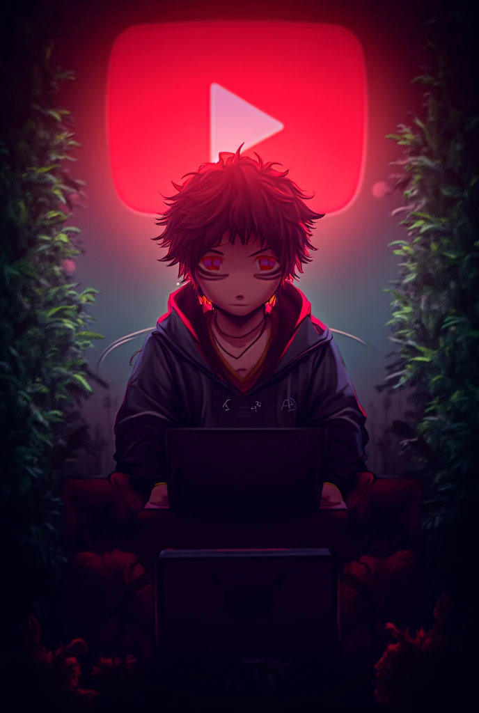 Create a image of ''A 18 years anime boy sitting in front of computer ...