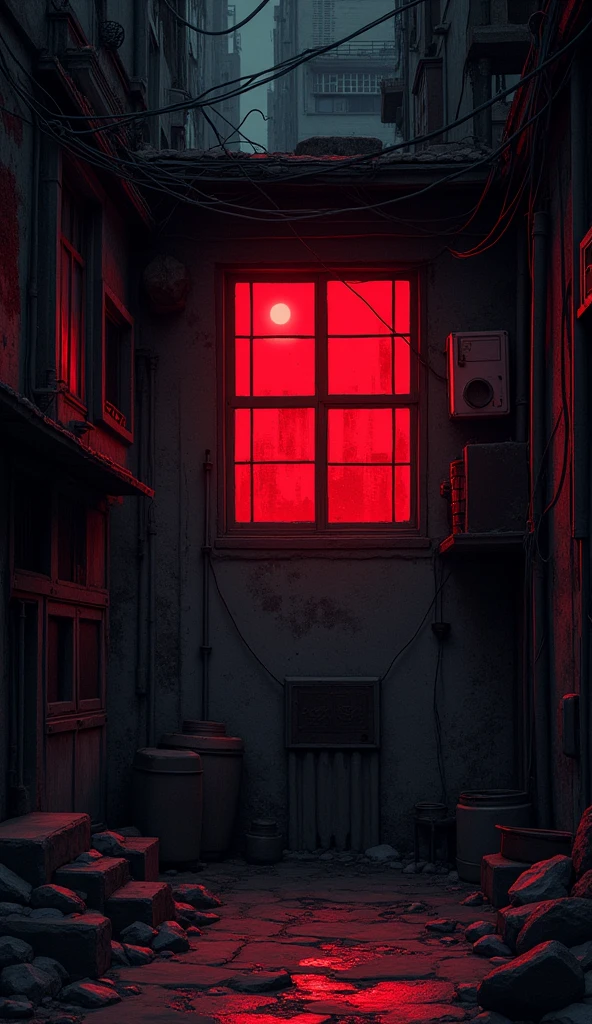 In a room in Kowloon Walled City、An illustration of red electric light ...