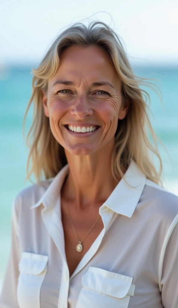 A 38-year-old woman with a radiant smile, dressed in a high-collared ...