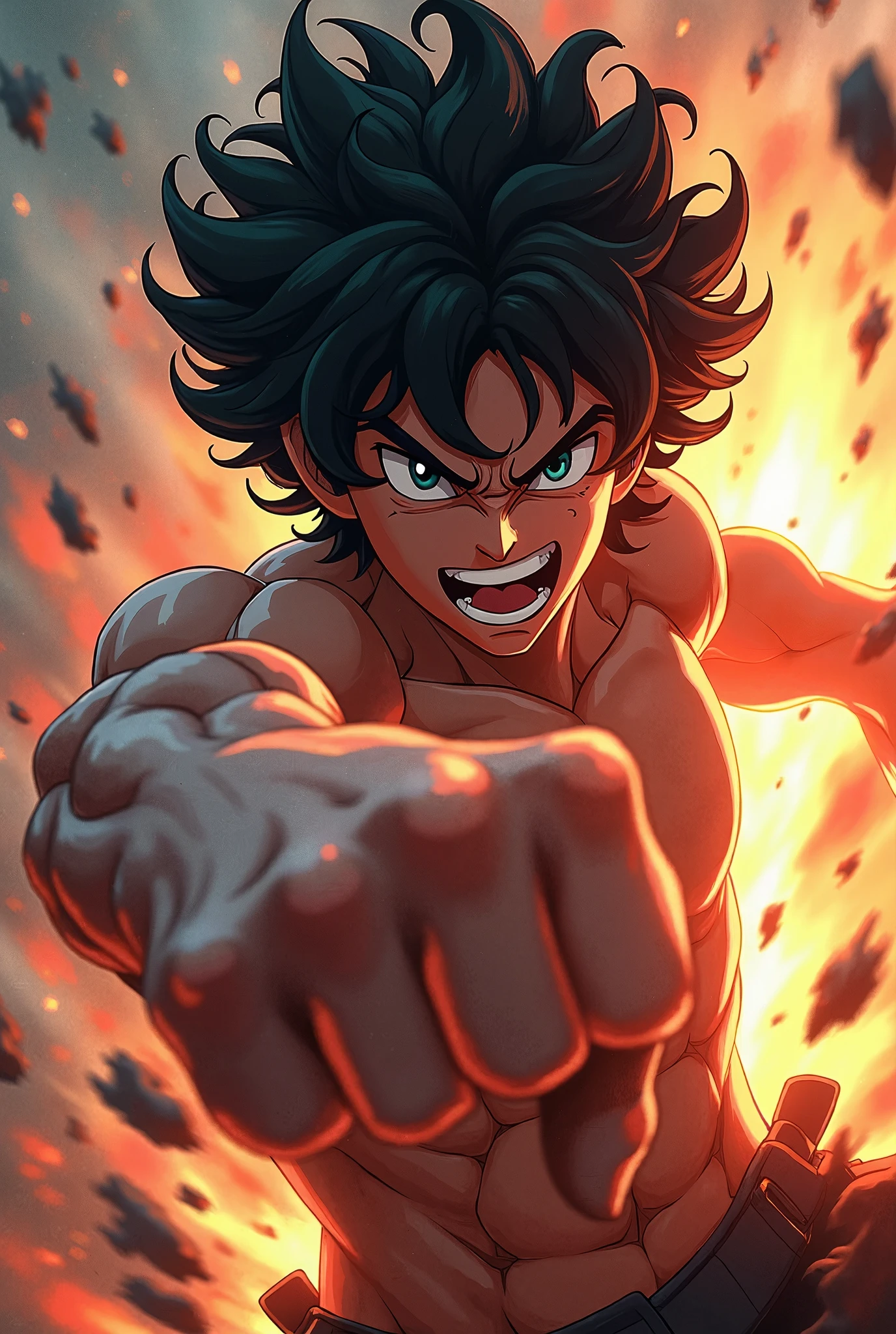 Anime character with a fist in the air with a fire in the background ...