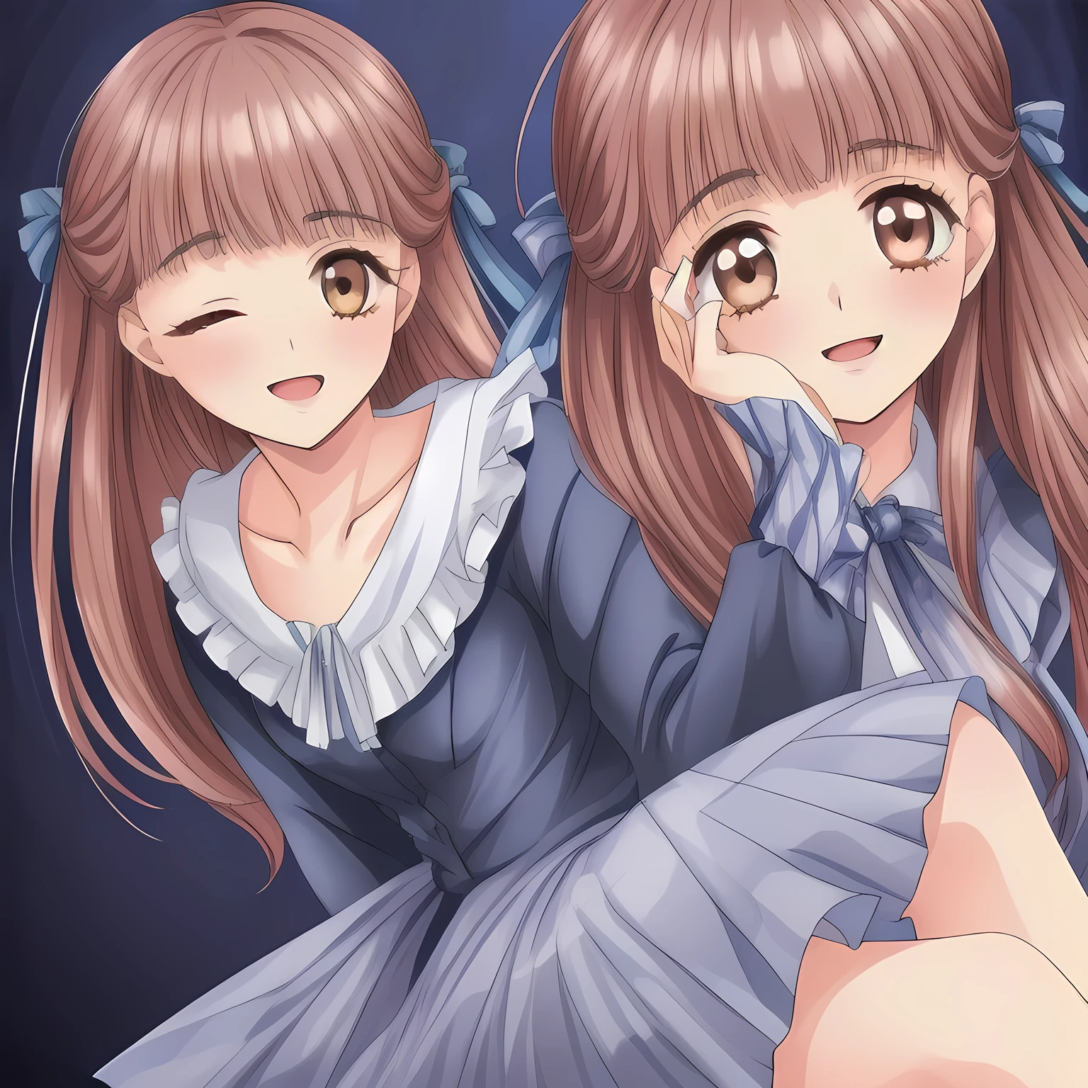 Anime girl with long brown hair and blue dress posing for picture ...