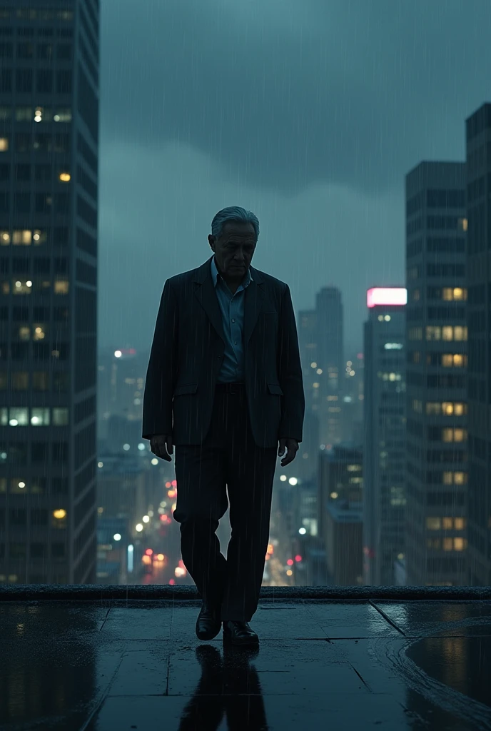 Man crying while walking on a rooftop of a Tokyo skyscraper in the rain ...