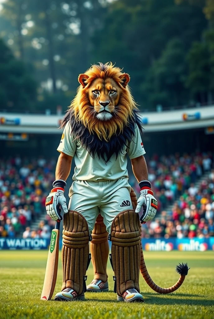 Mahendra singh dhoni with Lion on cricket ground - SeaArt AI
