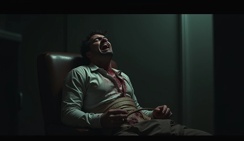 A man vomiting while tied on the chair ,no blood, very dark room ...