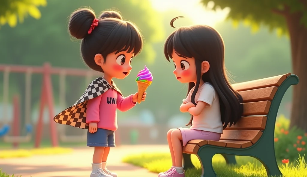 "A close-up scene of Uwu offering an ice cream to Mika, who is sitting ...