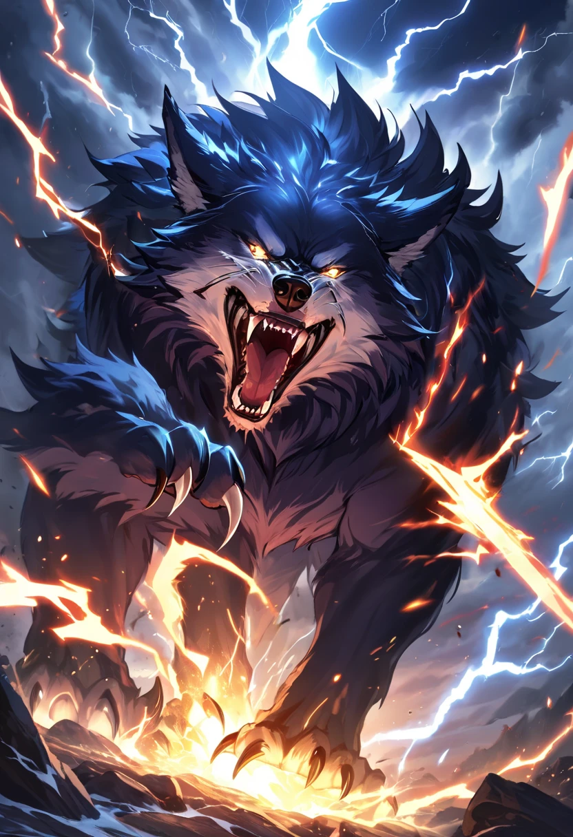 "A colossal, ferocious thunder wolf towers amidst a raging tempest ...