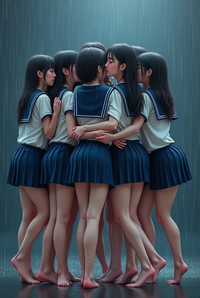 15 barefoot women in sailor suits are drenched in heavy rain One leg is ...