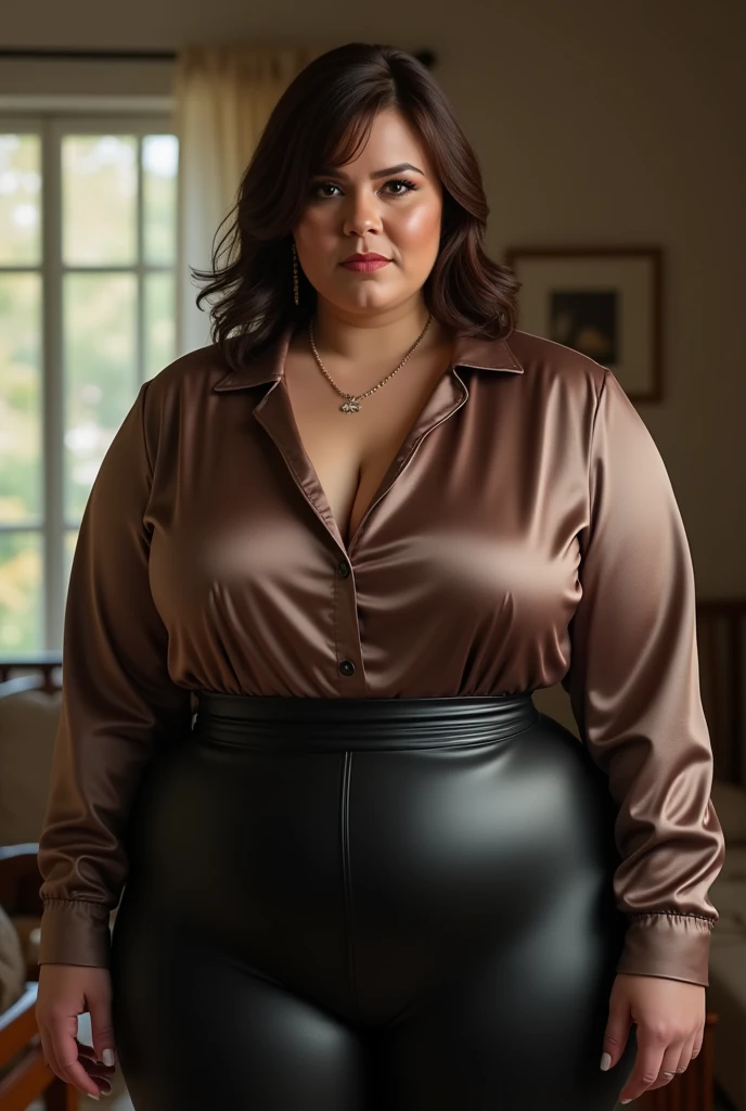 SSBBW Strict babysitter in leather pants and satin blouse with medium ...