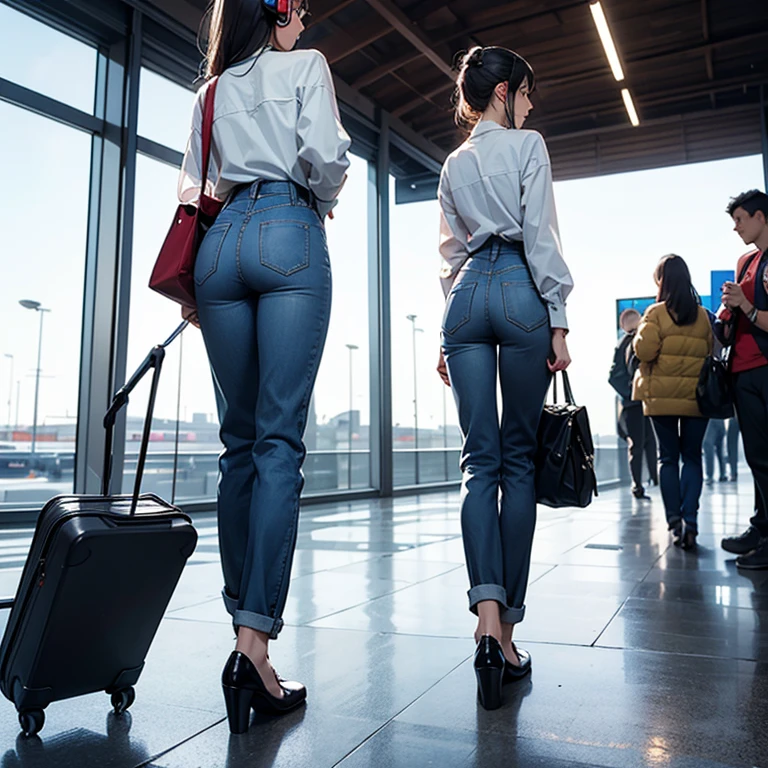 A beautiful woman is wearing loose baggy trouser. Pulling a cabin bag ...