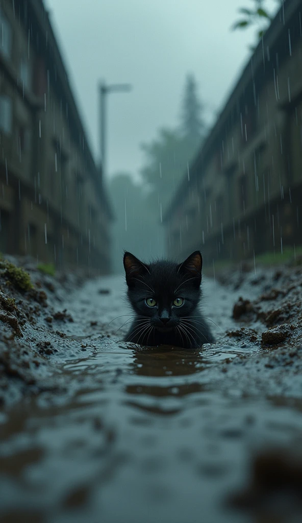 Make me a picture of a cute black color kitten drowning in a ditch full ...