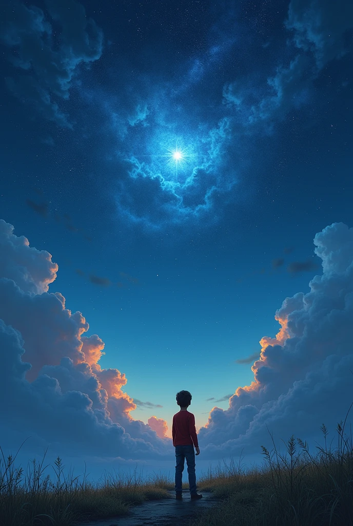 Arafed image of a boy looking at a star in the sky, a matte painting ...
