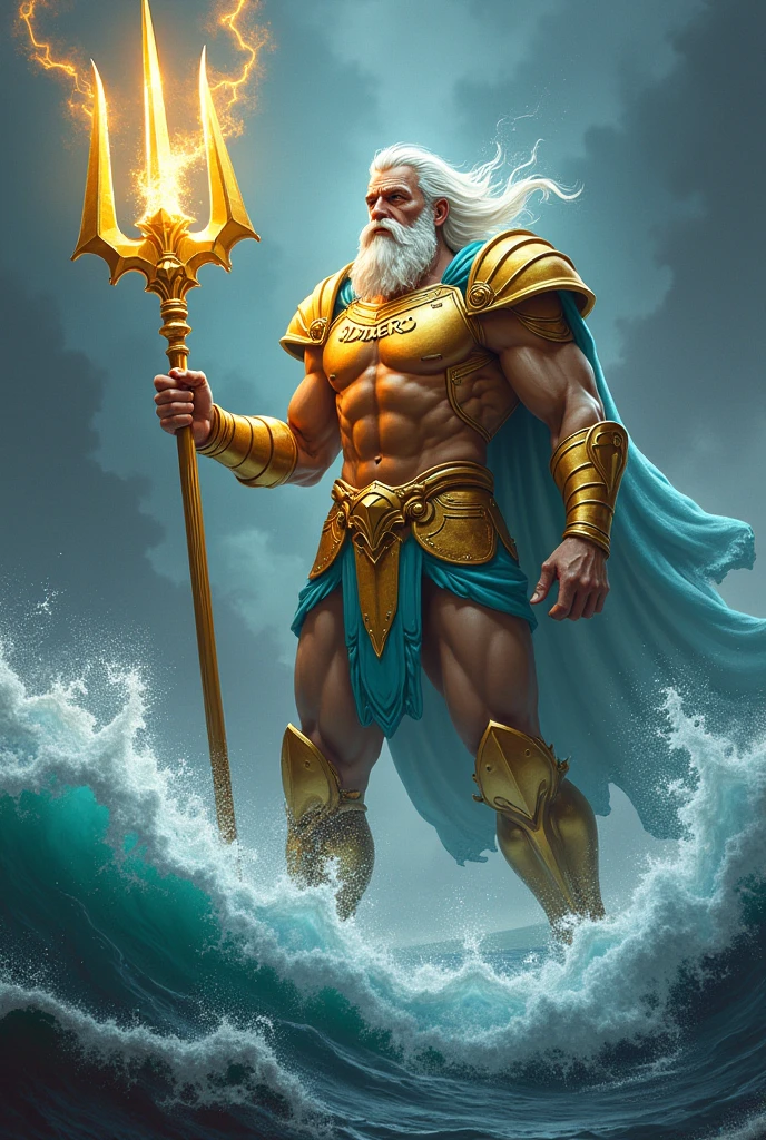 Poseidon, With divine features and wearing golden armor that says ...