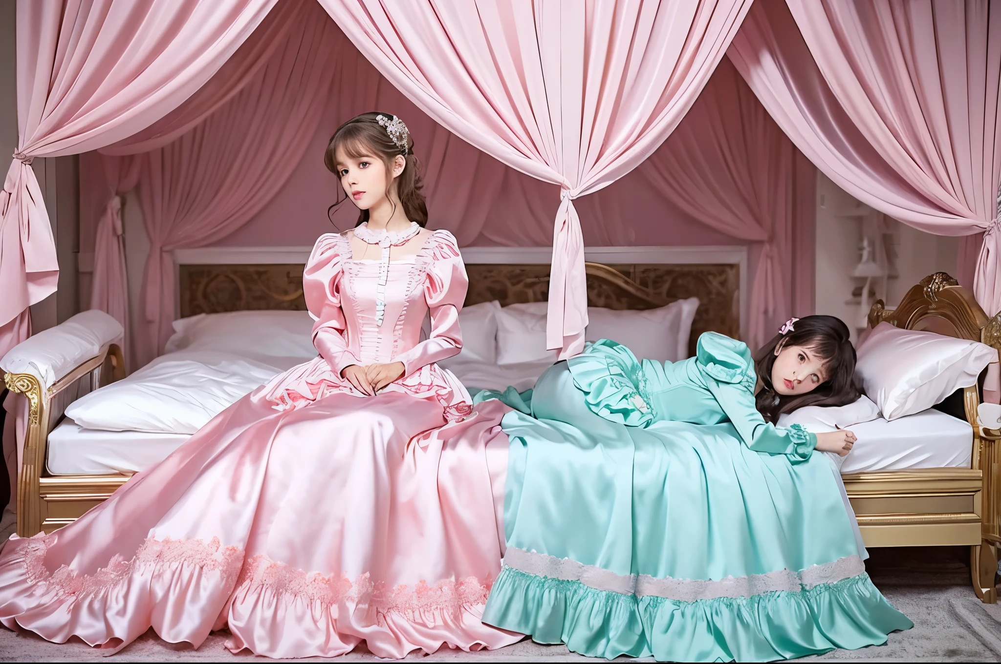 They are two women in dresses sitting on a bed - SeaArt AI