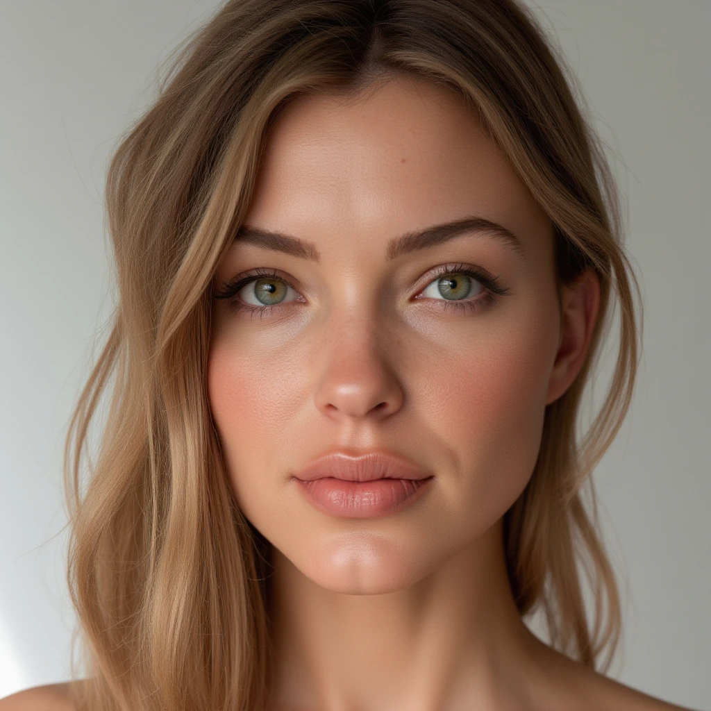 Young 22 years old caucasian woman, green eyes, rounded eye shape ...