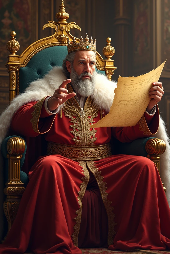 The king sits on his throne, pointing his hand to the map of the ...