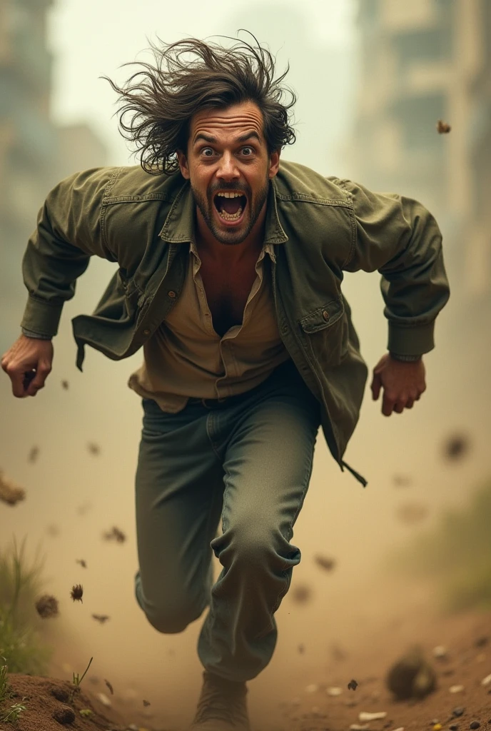 . The man runs at a crazy speed, his face is confused, with an ...