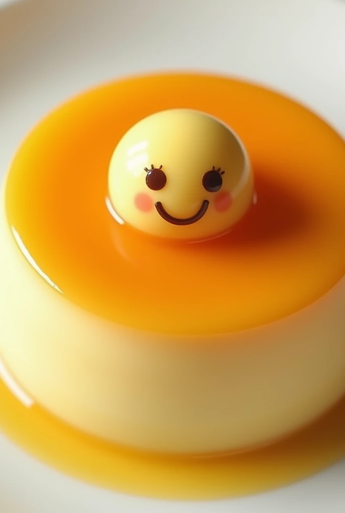 An egg flan with an adorable smiley face and a text above that reads ...