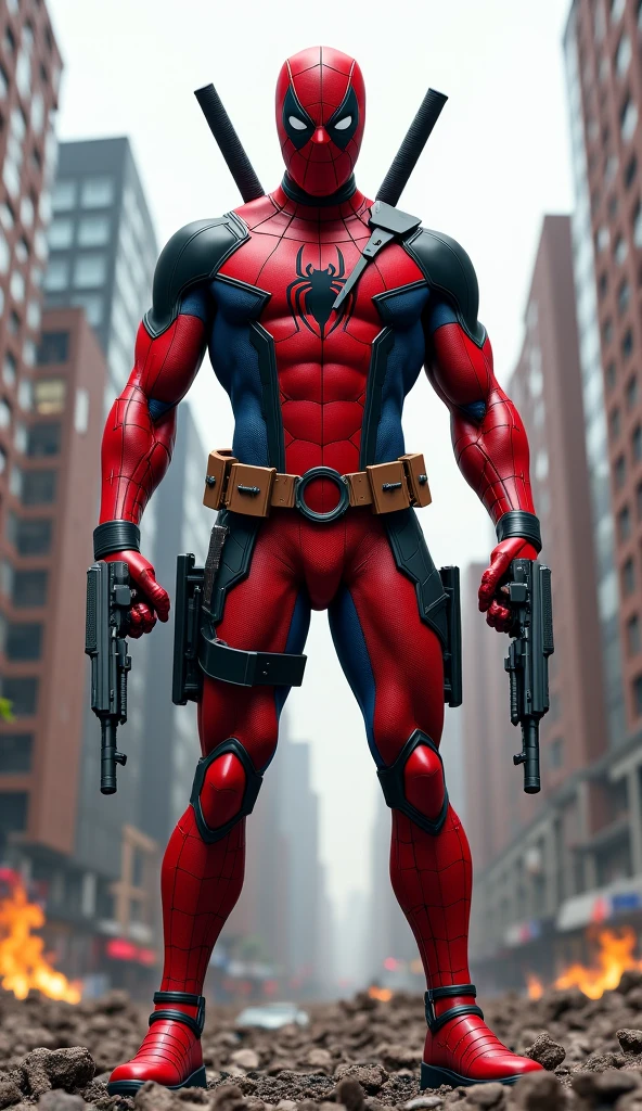 Create a super humanoid merge prompt from Spiderman and Deadpool at the ...