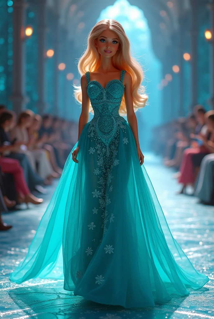 Barbie walking on a stunning fashion runway, magic dress, fancy dress ...