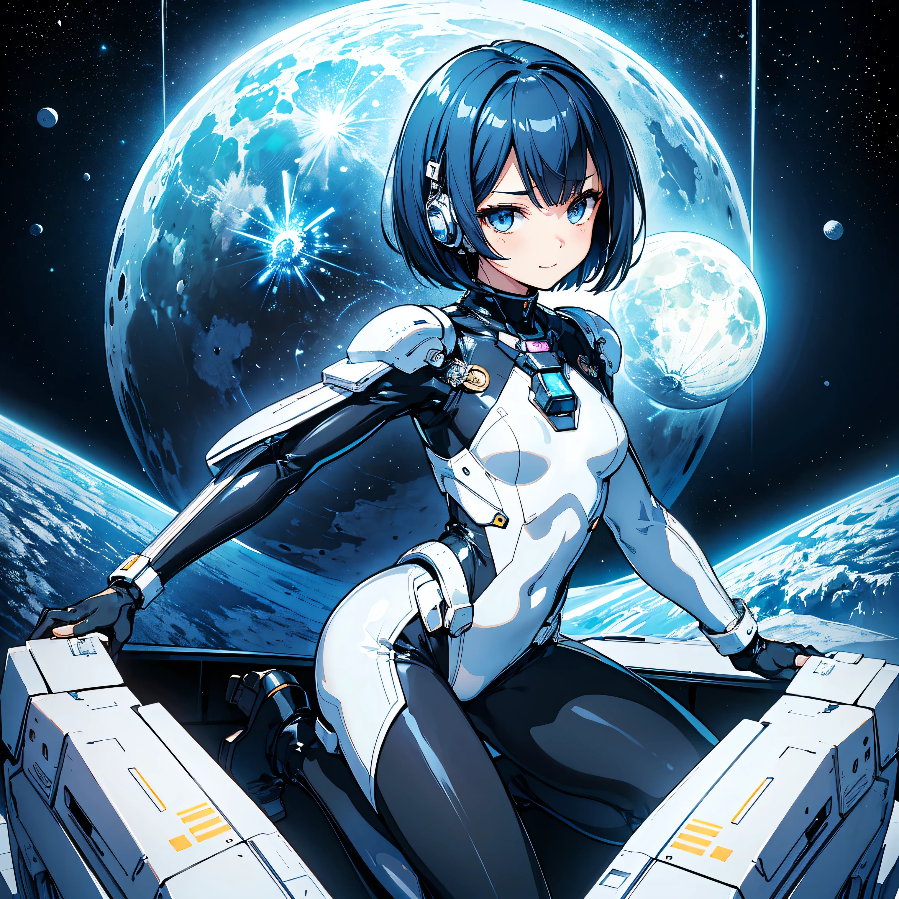 Anime girl in futuristic suit sitting on a ledge in front of a planet ...